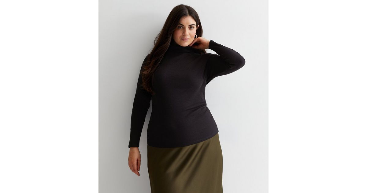 Curves Black Ribbed Roll Neck Top | New Look