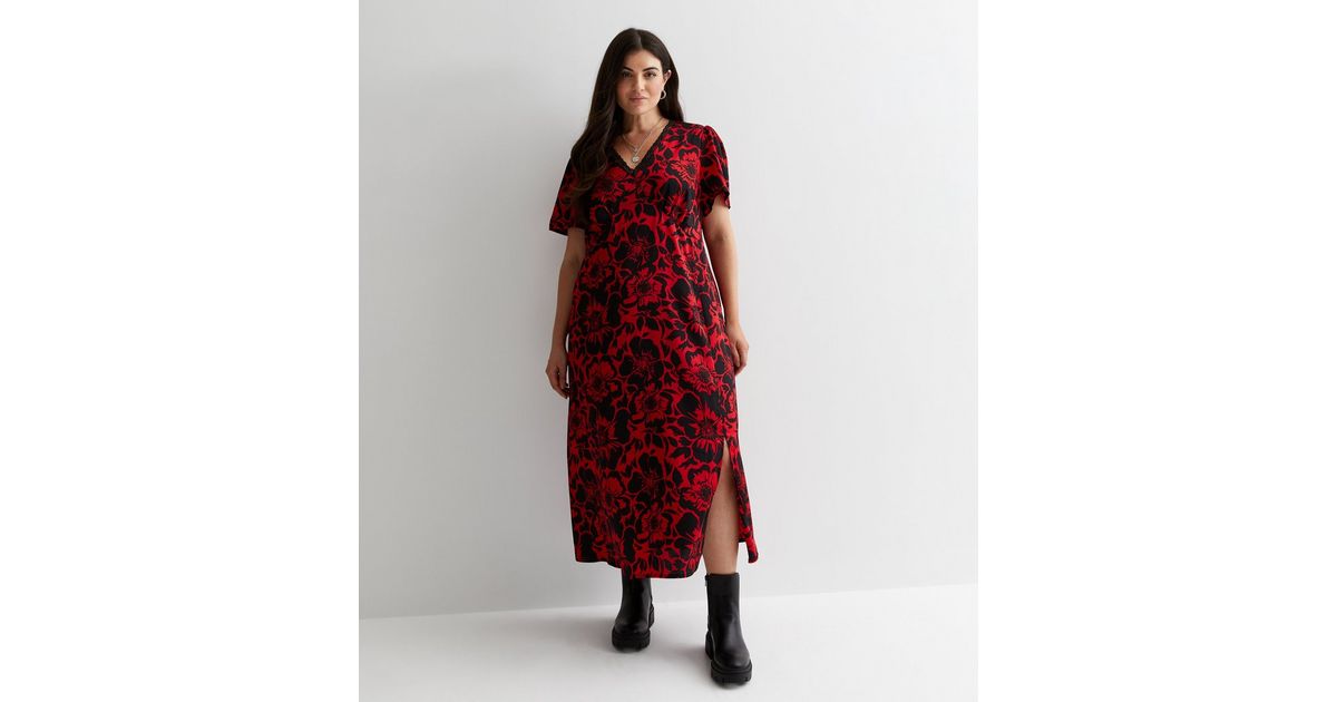 Curves Red Floral Satin Lace Trim Midaxi Dress | New Look