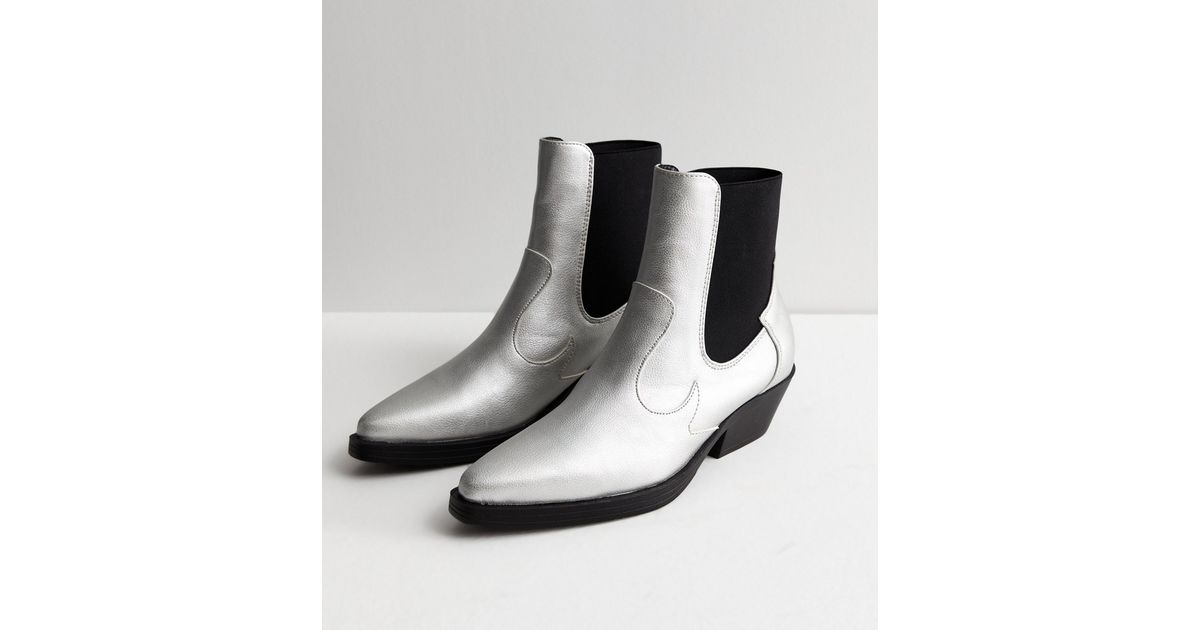 ONLY Silver Metallic Cowboy Ankle Boots | New Look