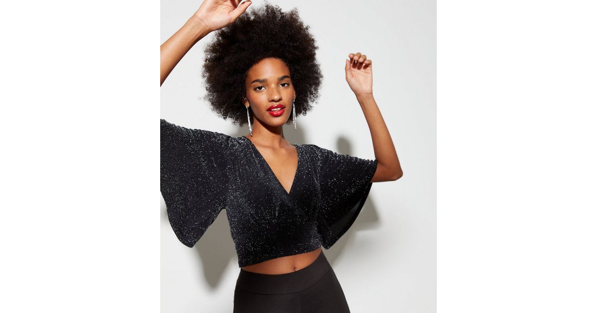 Silver Glitter Flutter Sleeve Crop Top | New Look