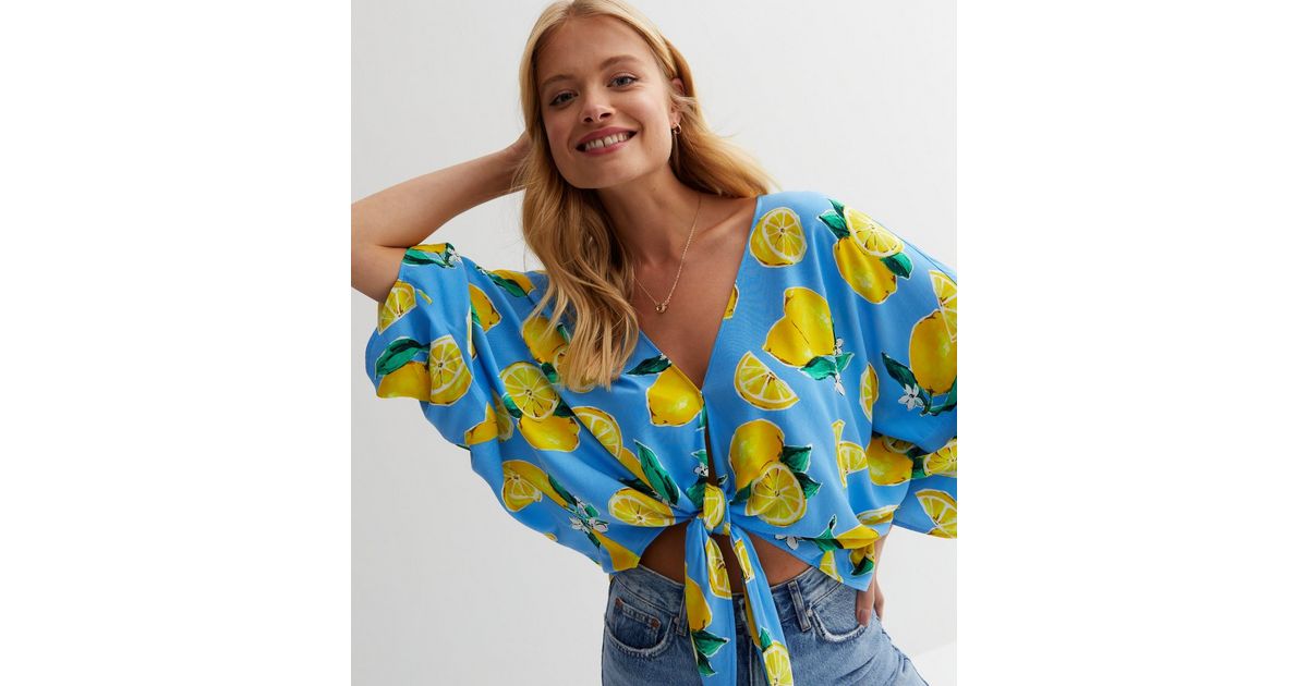 Blue Lemon Print Tie Front Top | New Look