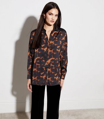 Brown Tortoiseshell Print Satin Long Sleeve OversizedShirt | New Look