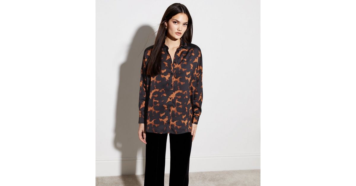 Brown Tortoiseshell Print Satin Long Sleeve OversizedShirt | New Look