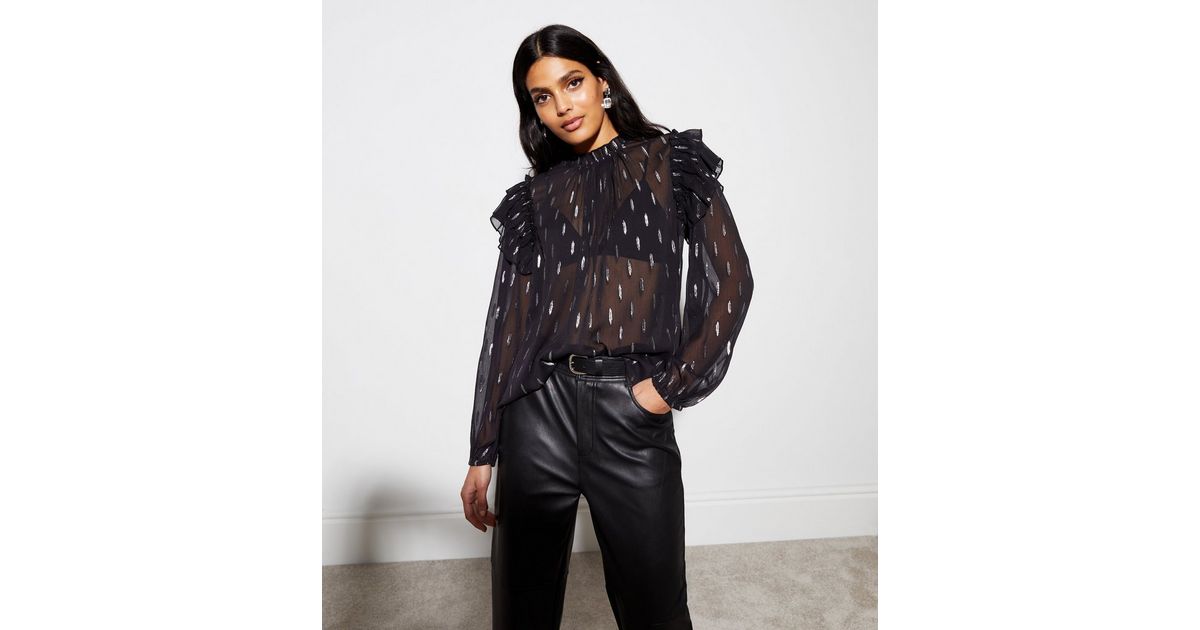Black Metallic Spot Sheer Frill Blouse | New Look