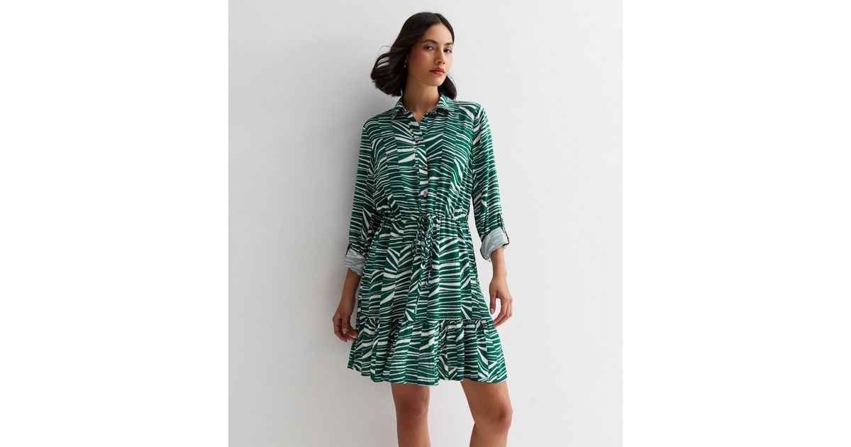 Green Stripe Tiered Mini Shirt Dress New Look