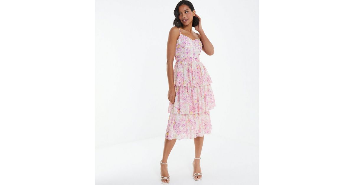 Quiz Pink Floral Strappy Tiered Midi Dress New Look