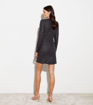 Black Glitter Keyhole Wrap Front Bodycon Mini Dress | New Look