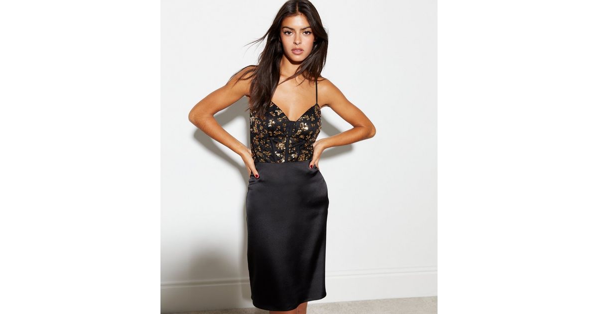 Black Sequin Mesh Bustier Bodysuit | New Look