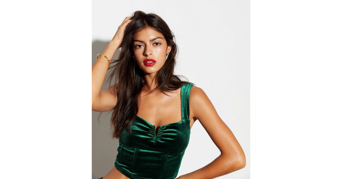 Dark Green Velvet Notch Corset Top | New Look