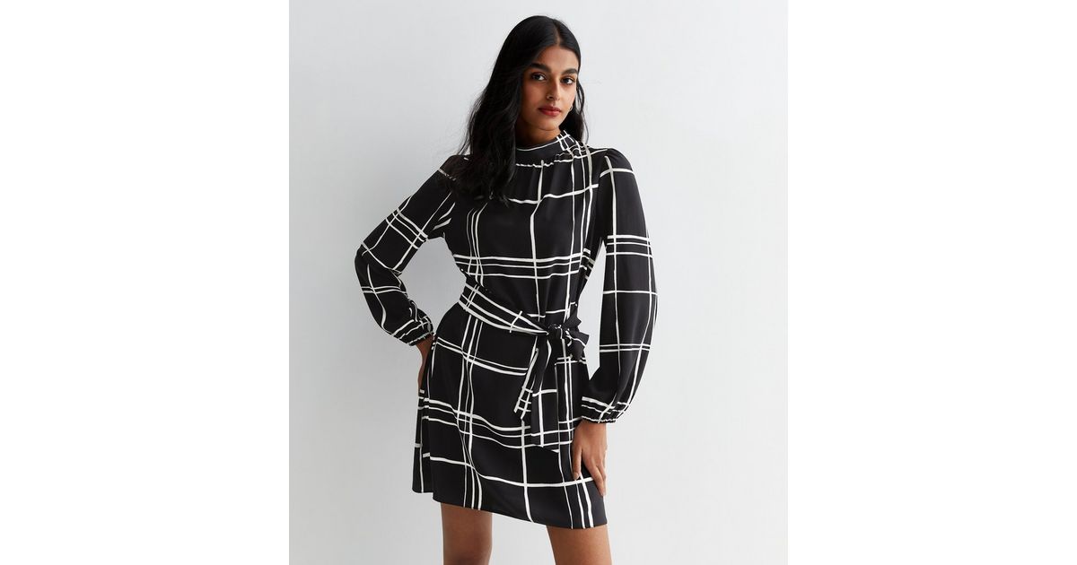 Black Check Belted High Neck Mini Tunic Dress New Look