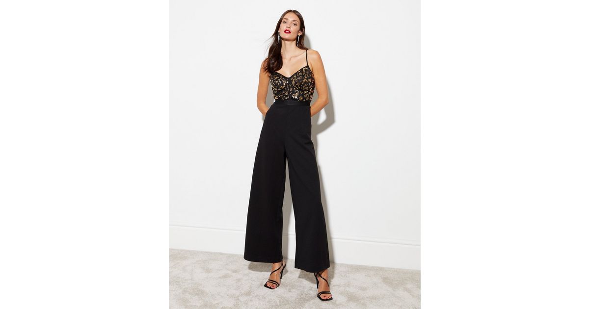 Black Sequin Strappy Bustier Wide Leg Jumpsuit | New Look