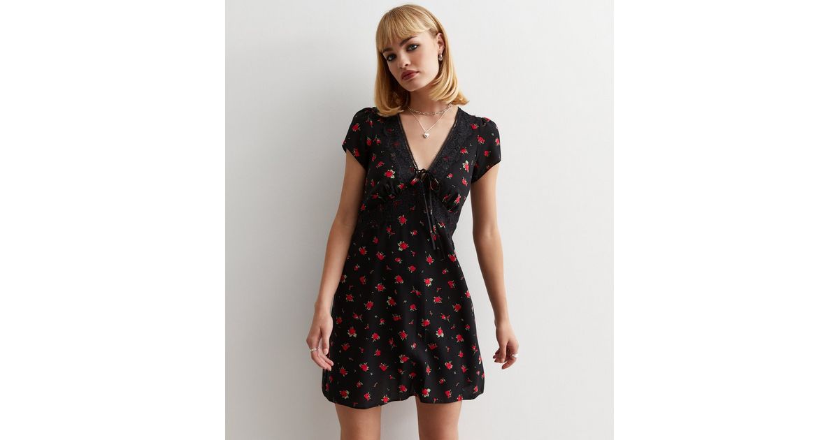 Black Rose Print Lace Trim Mini Dress | New Look