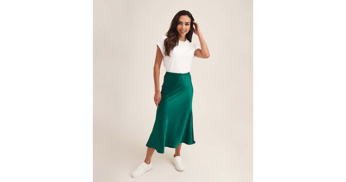 Gini London Green Satin Midi Skirt New Look