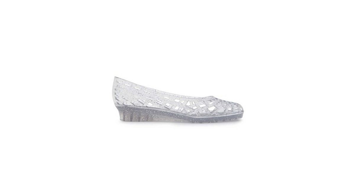 JUJU Silver Glitter Jelly Low Wedge Heel Shoes | New Look