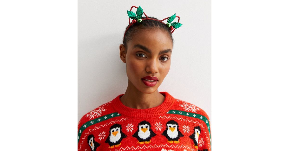 Red Glitter Holly Cat Ear Headband | New Look
