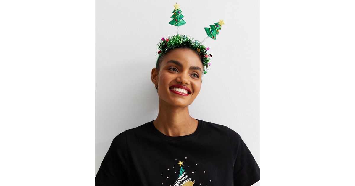 Green Christmas Tree Tinsel Bopper Headband | New Look