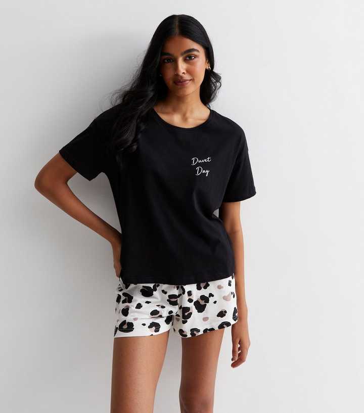 Black Cotton Short Pyjama Set with Animal Print Duvet Day Logo | New Look