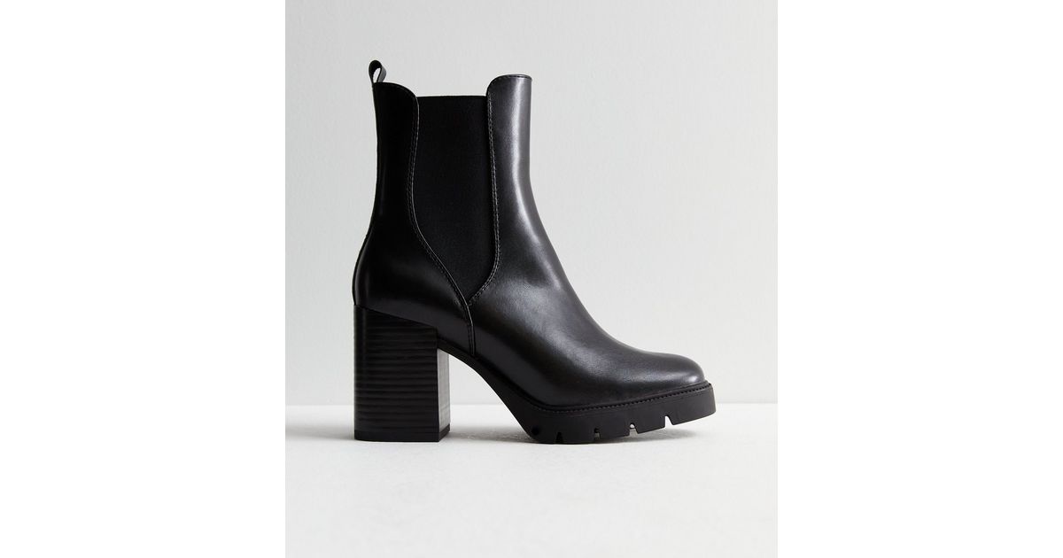 Wide Fit Black Leather-Look Block Heel Boots | New Look