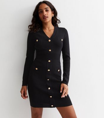 Petite Black Ribbed Knit Button Front Mini Dress | New Look
