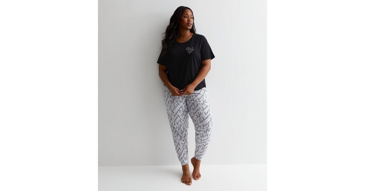 Curves Black Cuffed Jogger Pyjama Set With Snooze Print New Look