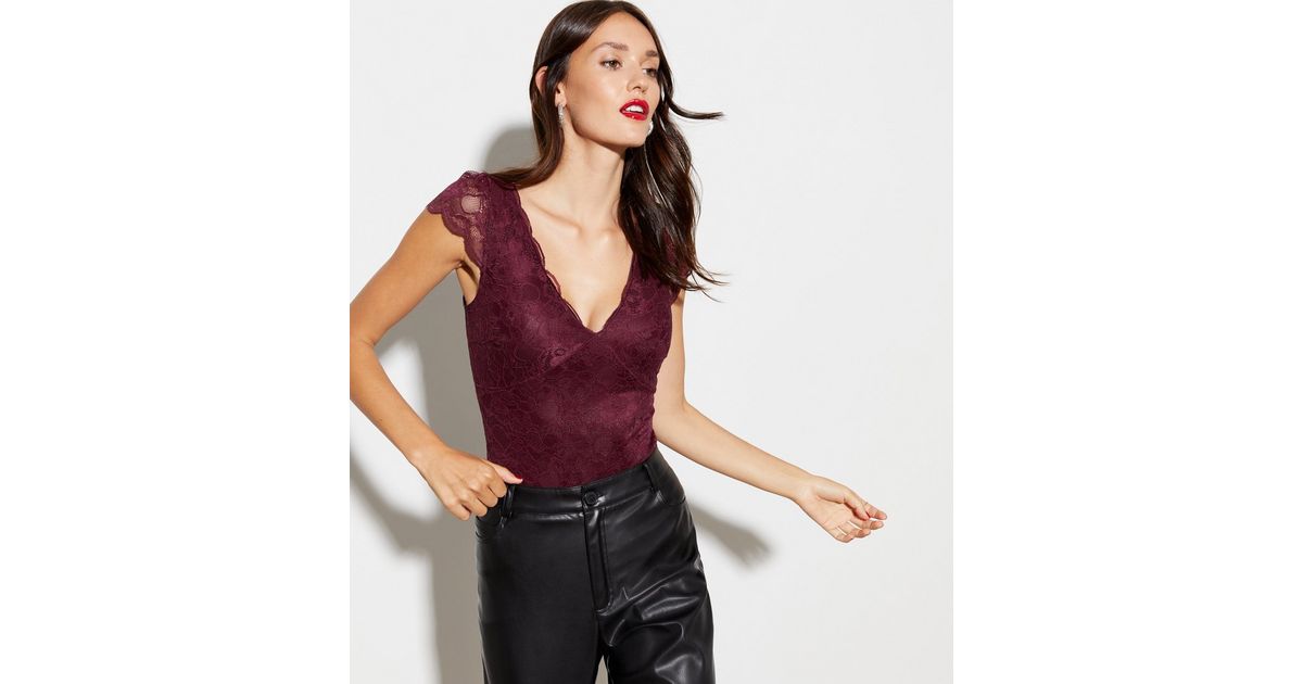Burgundy Lace Cap Sleeve Bodysuit | New Look