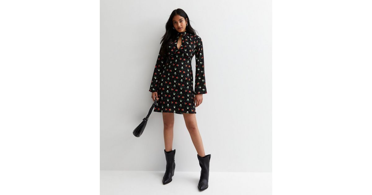 Gini London Black Rose Print High Neck Mini Dress | New Look
