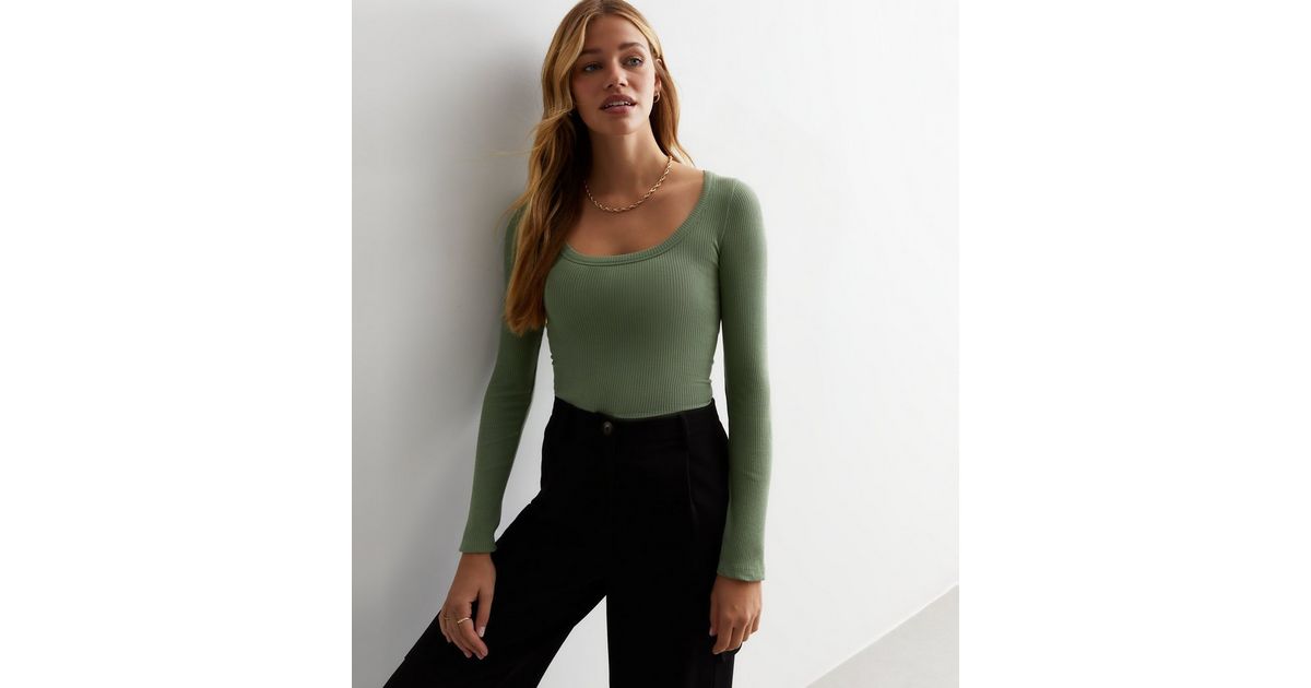 Khaki Ribbed Scoop Neck Top | New Look