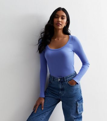 Blue Ribbed Scoop Neck Top | New Look