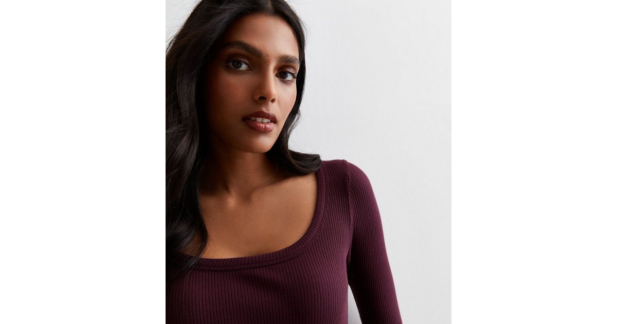 Burgundy Ribbed Scoop Neck Top | New Look