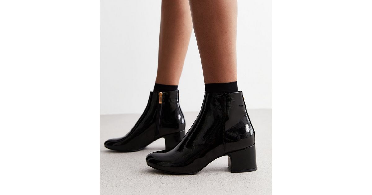 Black Patent Leather-Look Block Heel Ankle Boots | New Look