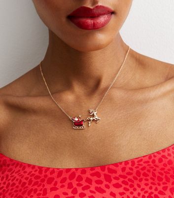 Gold Christmas Santa Reindeer Pendant Necklace | New Look