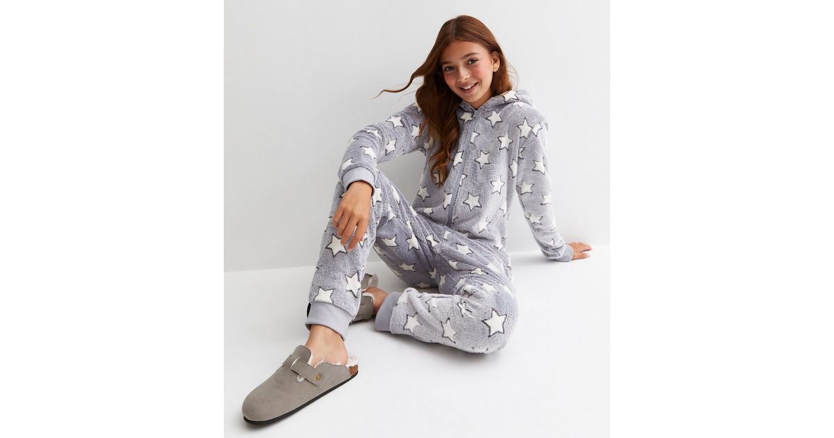 Girls Grey Star Print Fleece Onesie | New Look