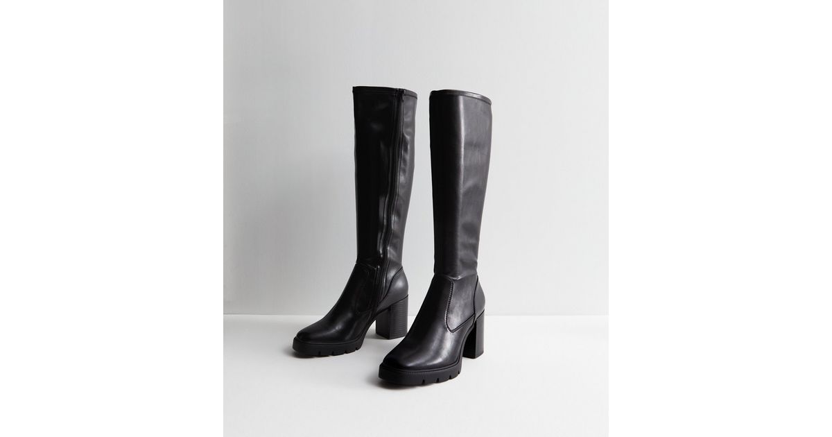 Wide Fit Black Leather-Look Heeled Knee High Boots | New Look