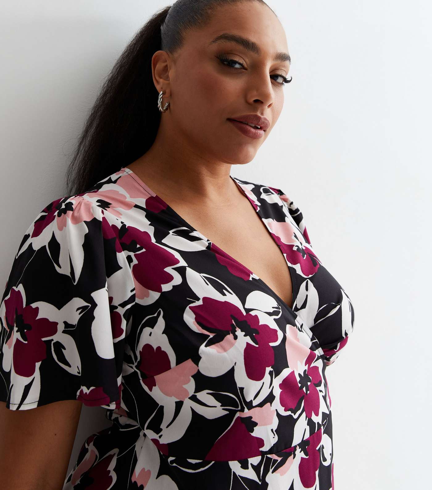 Curves Black Floral Wrap Mini Dress New Look