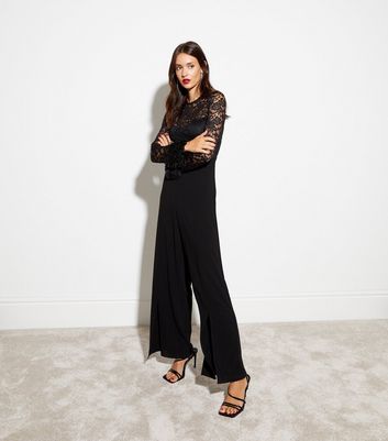 Black Lace Fluffy Cuff Wide Leg Jumpsuit | New Look