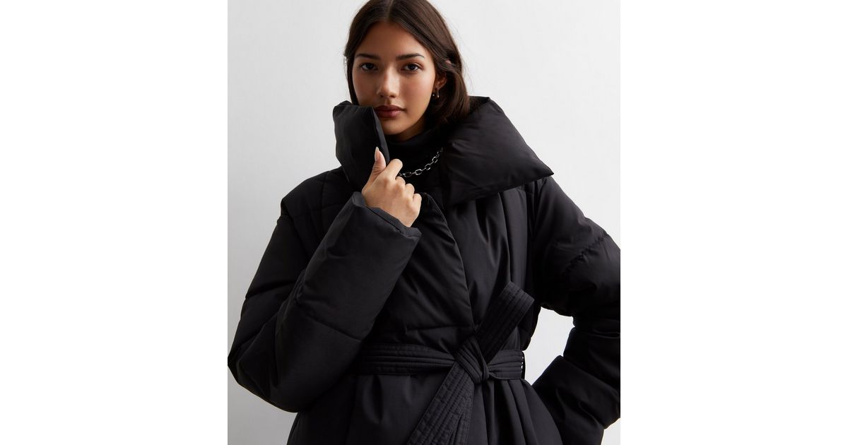 Cameo Rose Black Collared Wrap Puffer Jacket | New Look