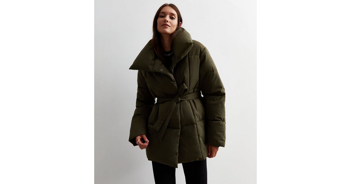 Cameo Rose Khaki Collared Wrap Puffer Jacket | New Look