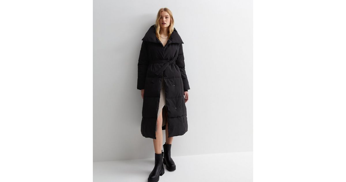 Cameo Rose Black Collared Wrap Puffer Coat | New Look