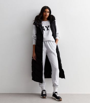 Cameo Rose Black Long Belted Hooded Puffer Gilet | New Look