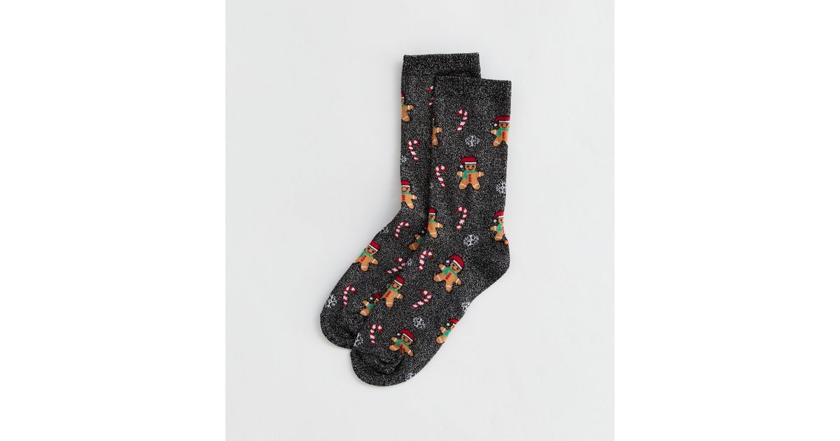 Black Glitter Gingerbread Christmas Socks | New Look