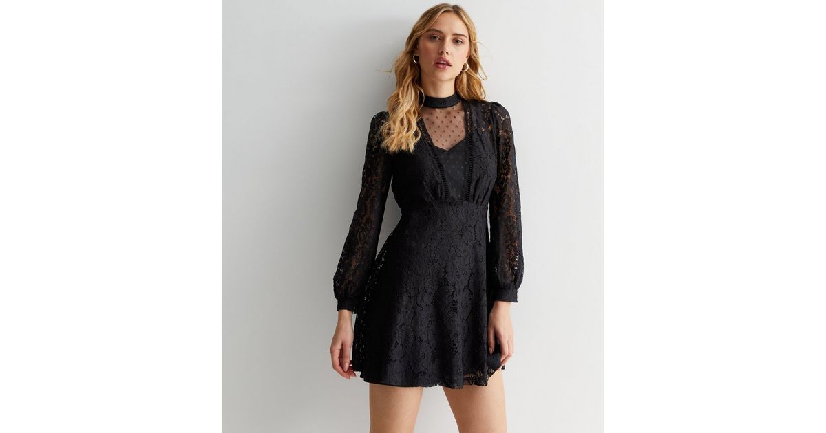 Black Dobby Lace High Neck Mini Dress | New Look
