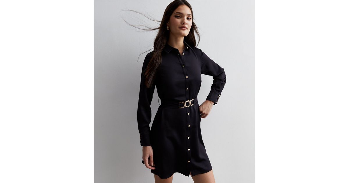 Black Satin Belted Mini Shirt Dress | New Look