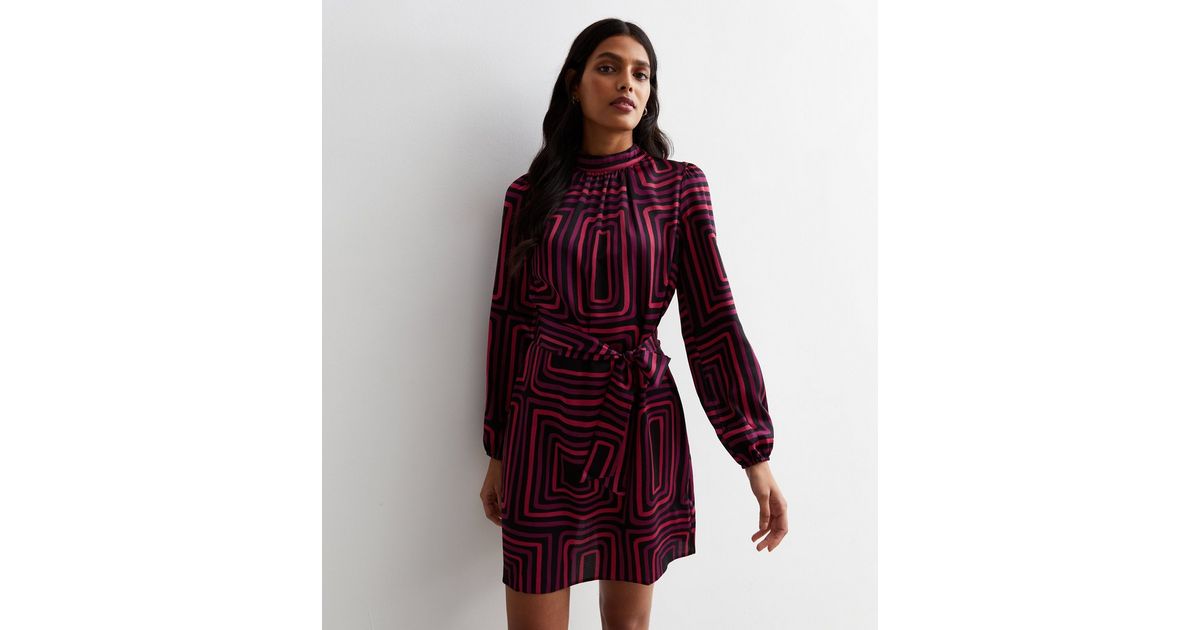 Red Square Print High Neck Mini Dress | New Look