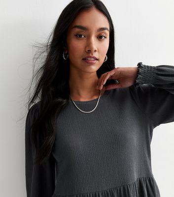 Grey Crinkle Long Sleeve Smock Mini Dress | New Look