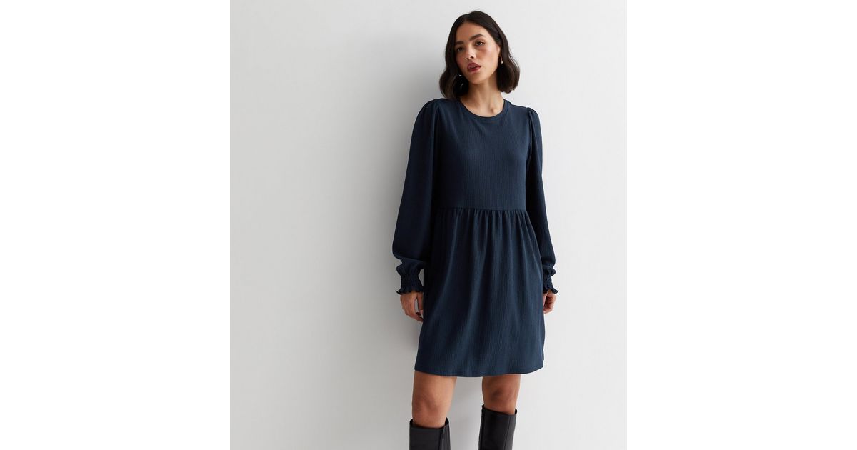 Navy Crinkle Long Sleeve Smock Mini Dress New Look