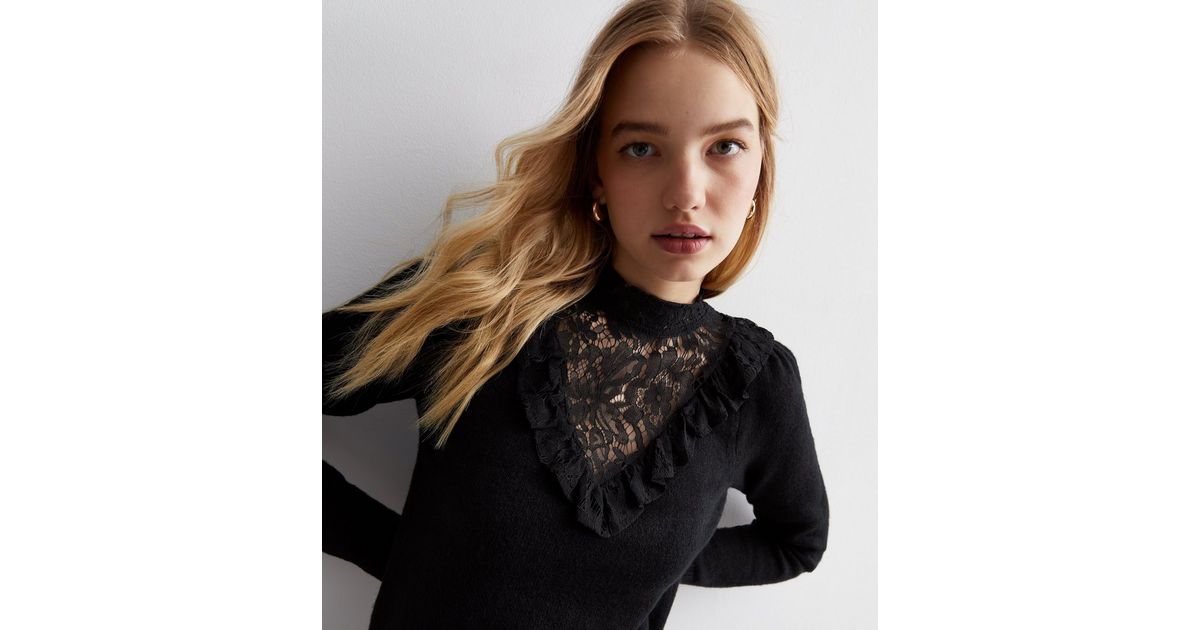Black Lace Frill Detail Long Sleeve Jumper | New Look