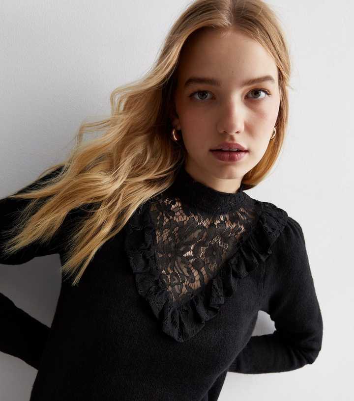 Black Lace Frill Detail Long Sleeve Jumper | New Look