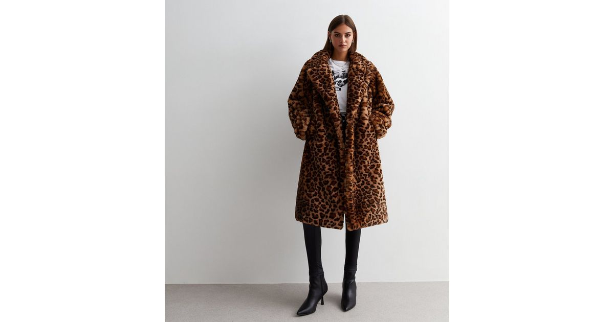 Gini London Rust Faux Fur Leopard Print Coat | New Look