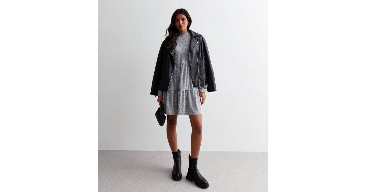 Grey Marl Jersey High Neck Mini Smock Dress | New Look