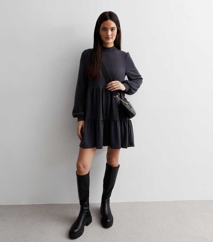 Dark Grey Jersey High Neck Mini Smock Dress | New Look